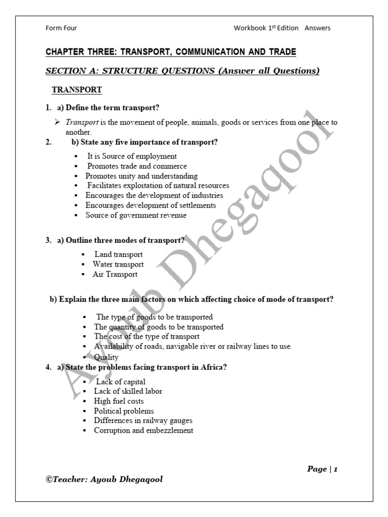Chapter Three Transport Communication and Trade Workbook Questions ...
