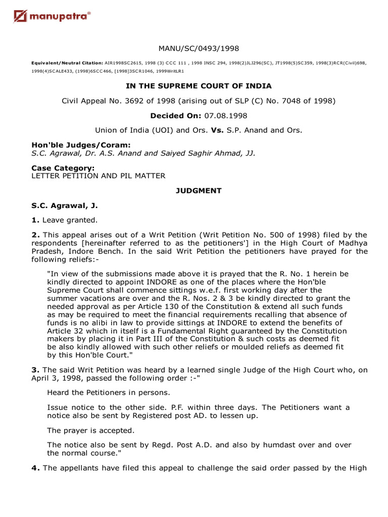 Union of India UOI and Ors Vs SP Anand and Ors 0700525s980314COM272648 ...