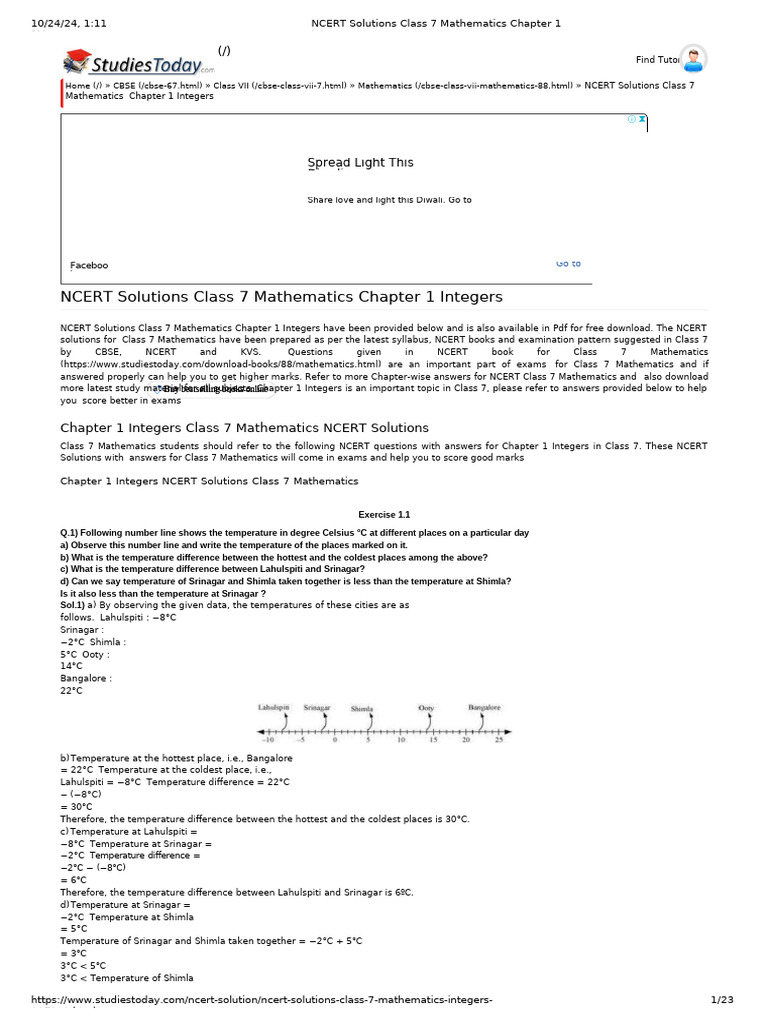 NCERT Class 7 Math: Chapter 1 Integers | PDF | Numbers | Mathematics