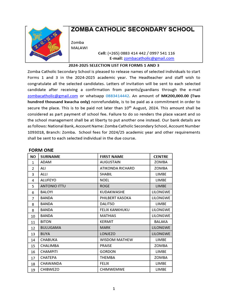 2024-2025 Zomba Catholic School Selection | PDF