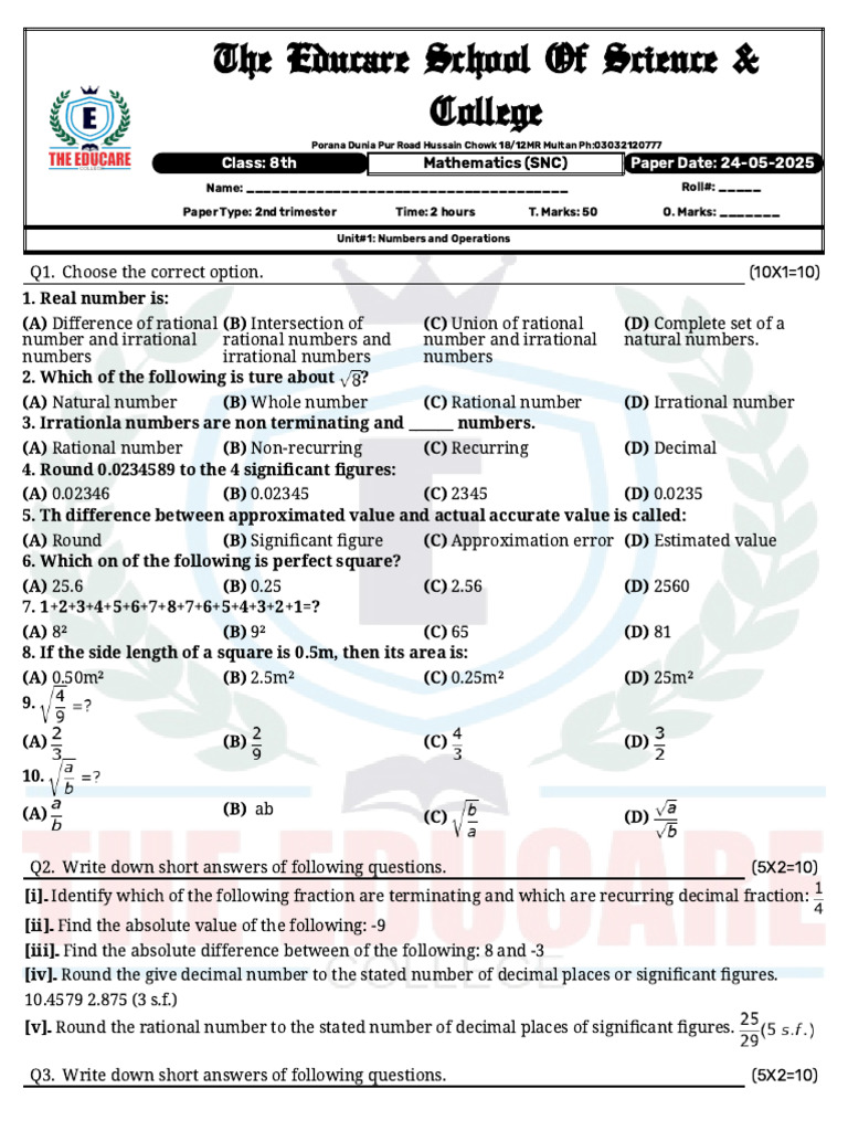 8th Grade Math Exam: Numbers & Operations | PDF | Numbers | Square Root