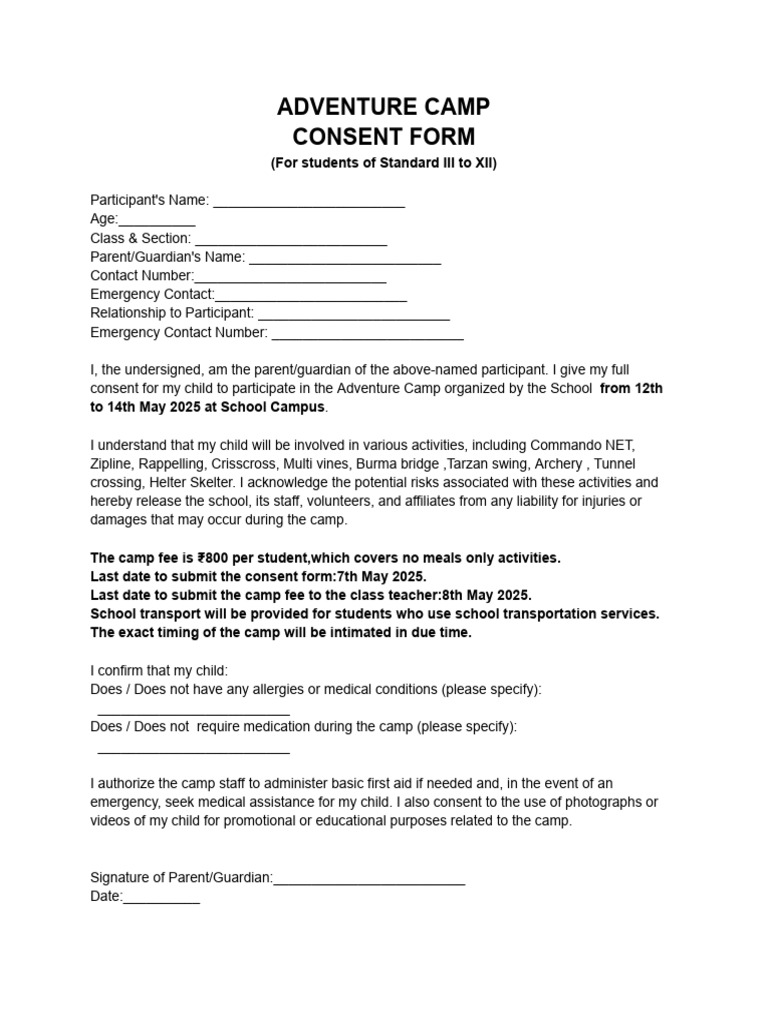 Adventure Camp - Consent Form | PDF