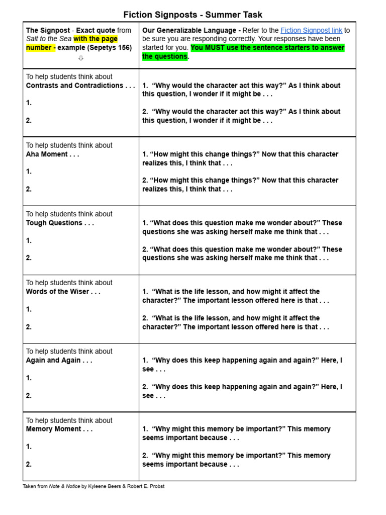 2025 Fiction Signposts Template | PDF | Question