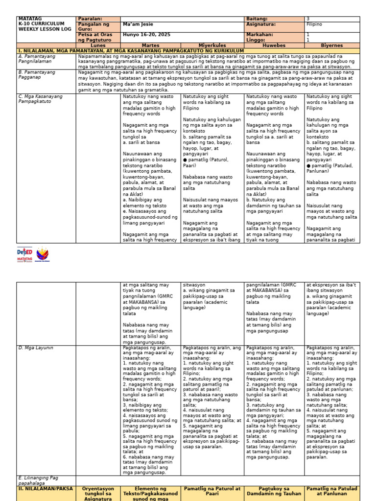 DLL Filipino3 q1 Week1 | PDF