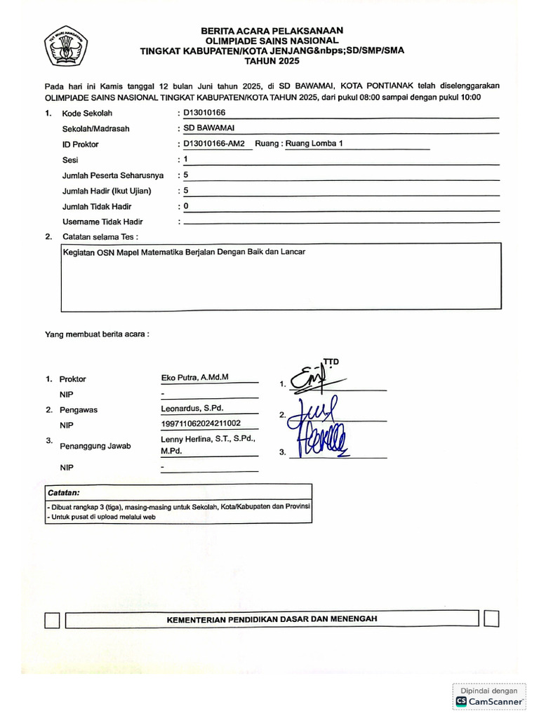 Berita Acara Pelaksanaan OSN Mapel MTK | PDF