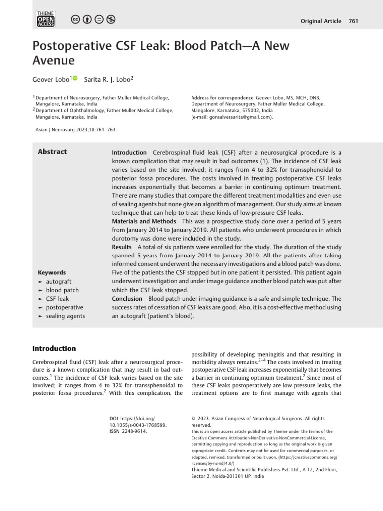 Post Operative CSF-leakage Blood Patch | PDF | Cerebrospinal Fluid ...