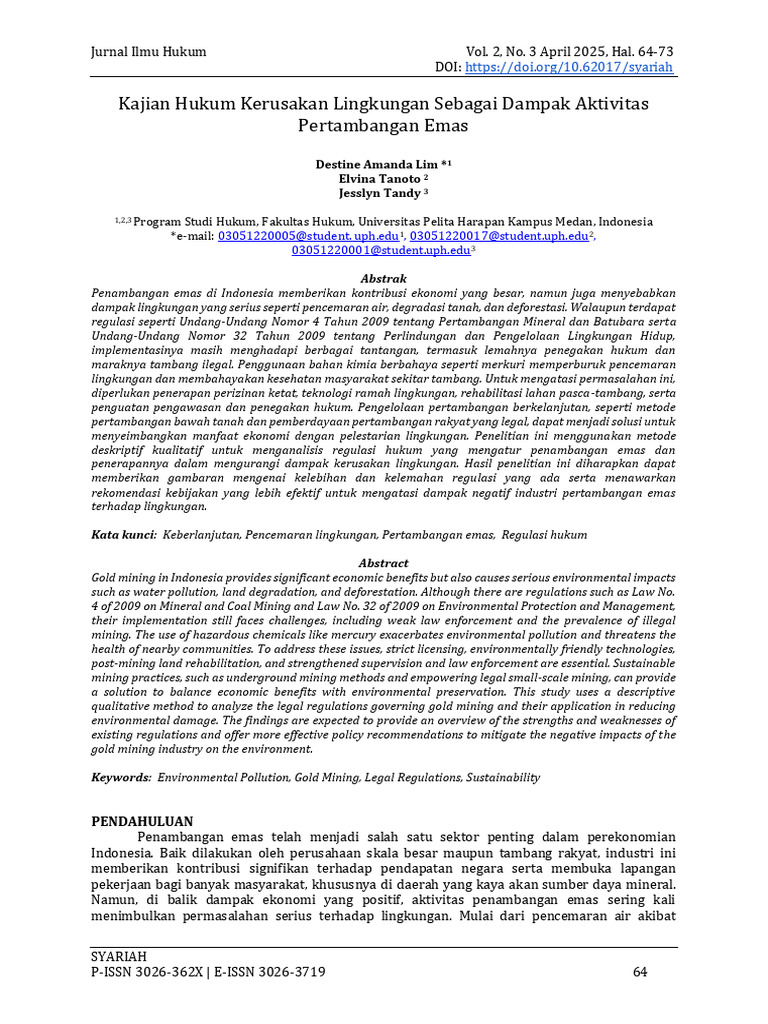 Kajian Hukum Kerusakan Lingkungan Sebagai Dampak Aktivitas Pertambangan Emas | PDF