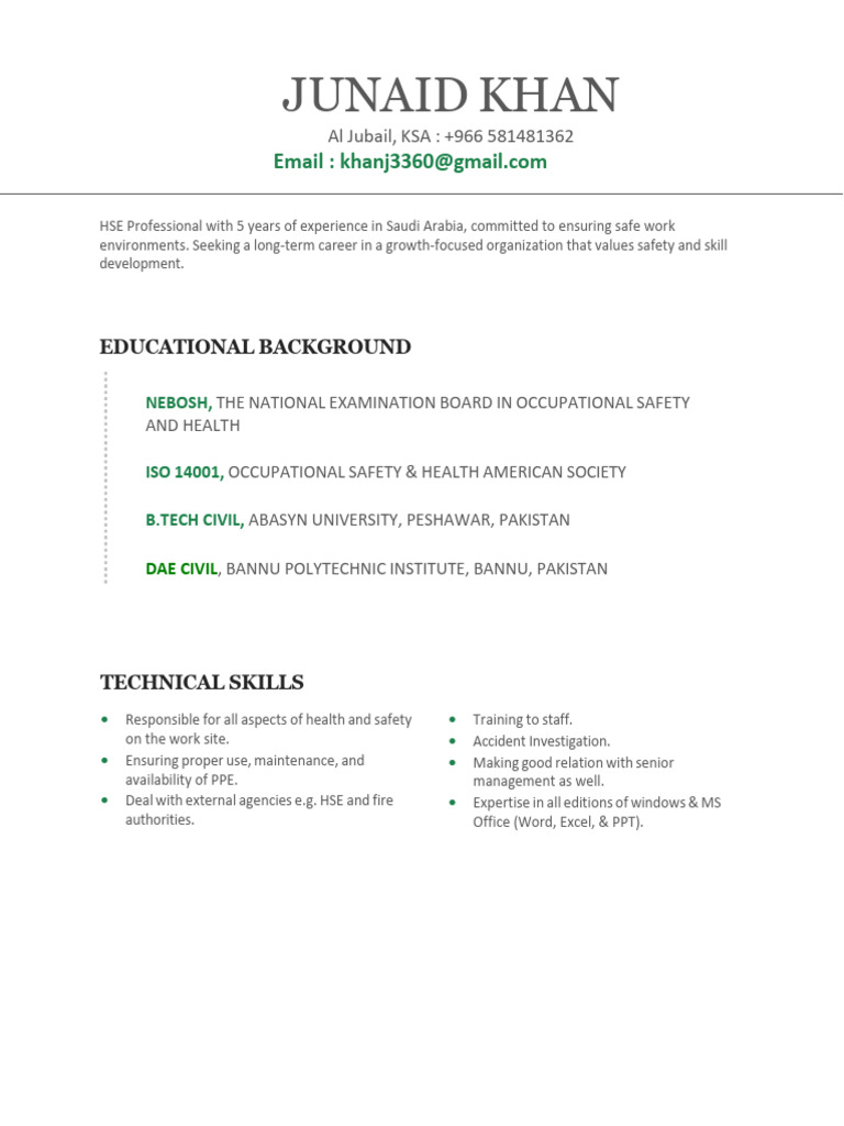 HSE Professional Resume - Junaid Khan | PDF | Occupational Safety And ...
