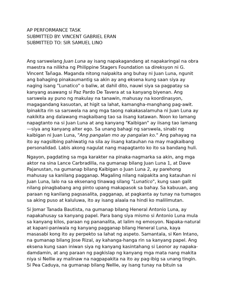 AP PERFORMANCE TASK Sarsuela (Tagalog) | PDF