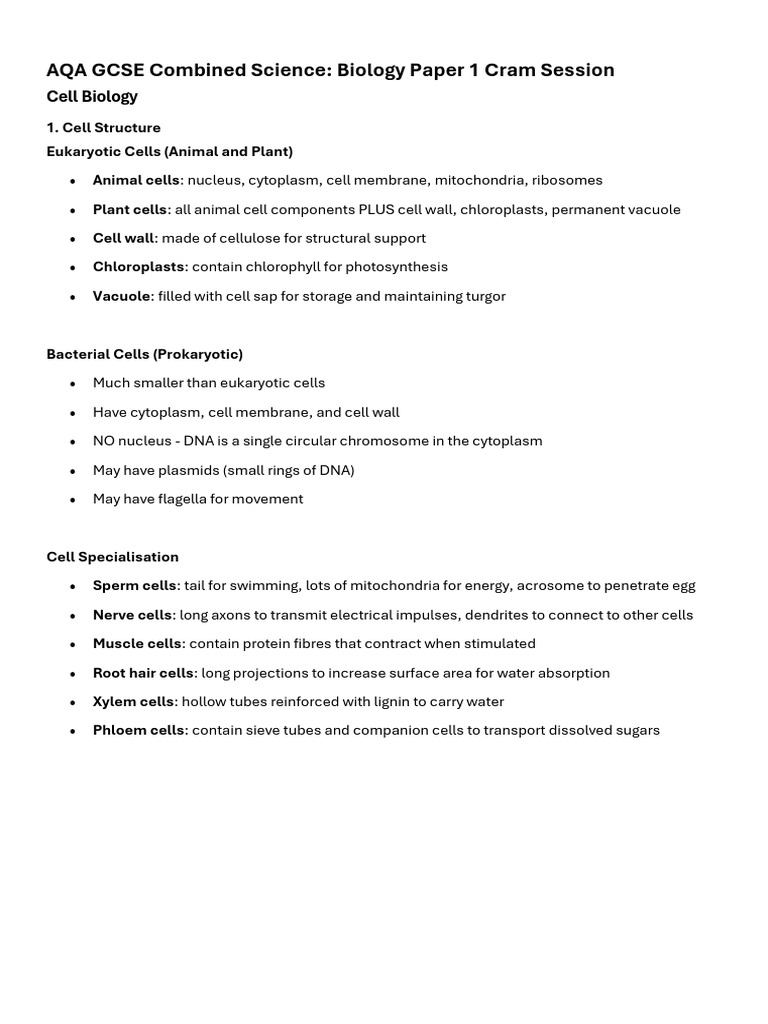 AQA GCSE Combined Science Biology Paper 1 Cram Session | PDF | Cell ...