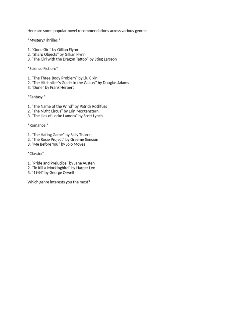 Here Are Some Popular Novel Recommendations Across Various Genre... | PDF