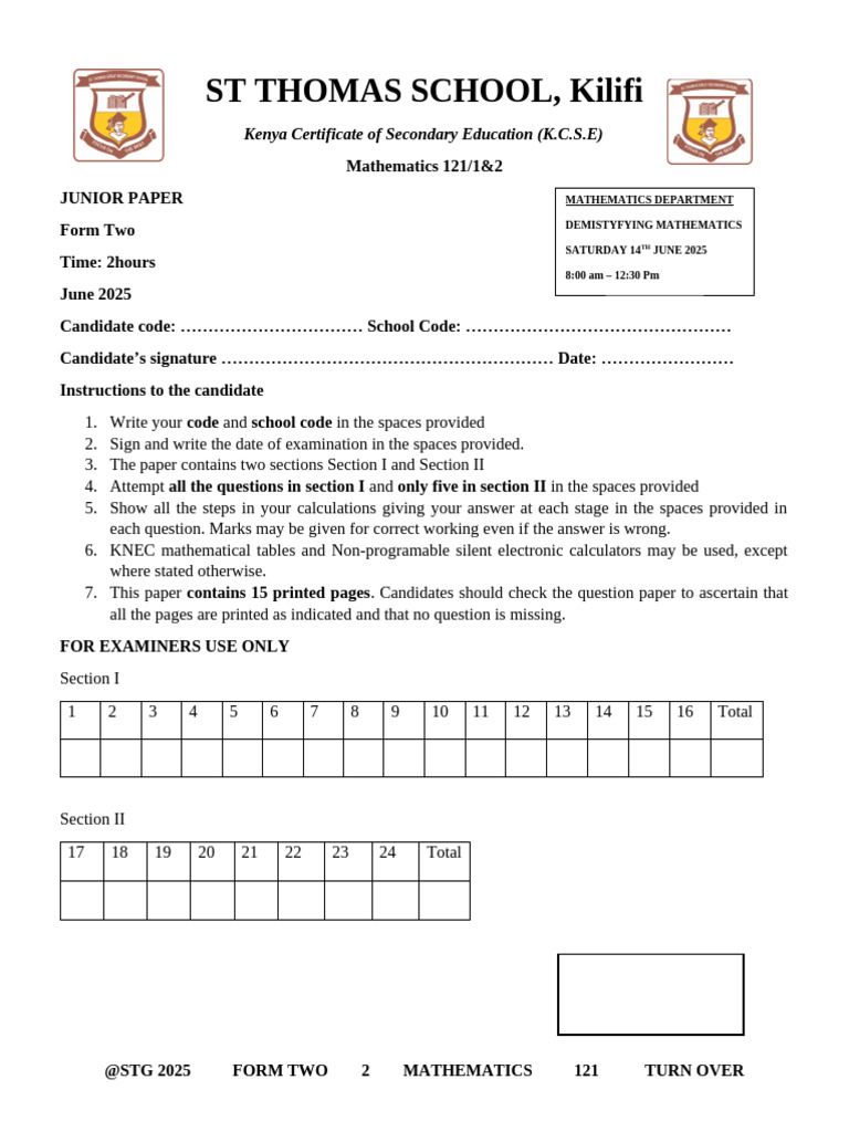 Form Two Mathematics Exam 2025 | PDF | Square Root | Circle