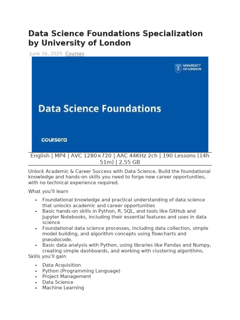 Data Science Foundations Specialization by University of London | PDF | Data Science | Data