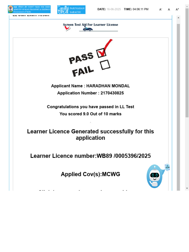Learner Licence Generated Successfully For This Application Learner ...