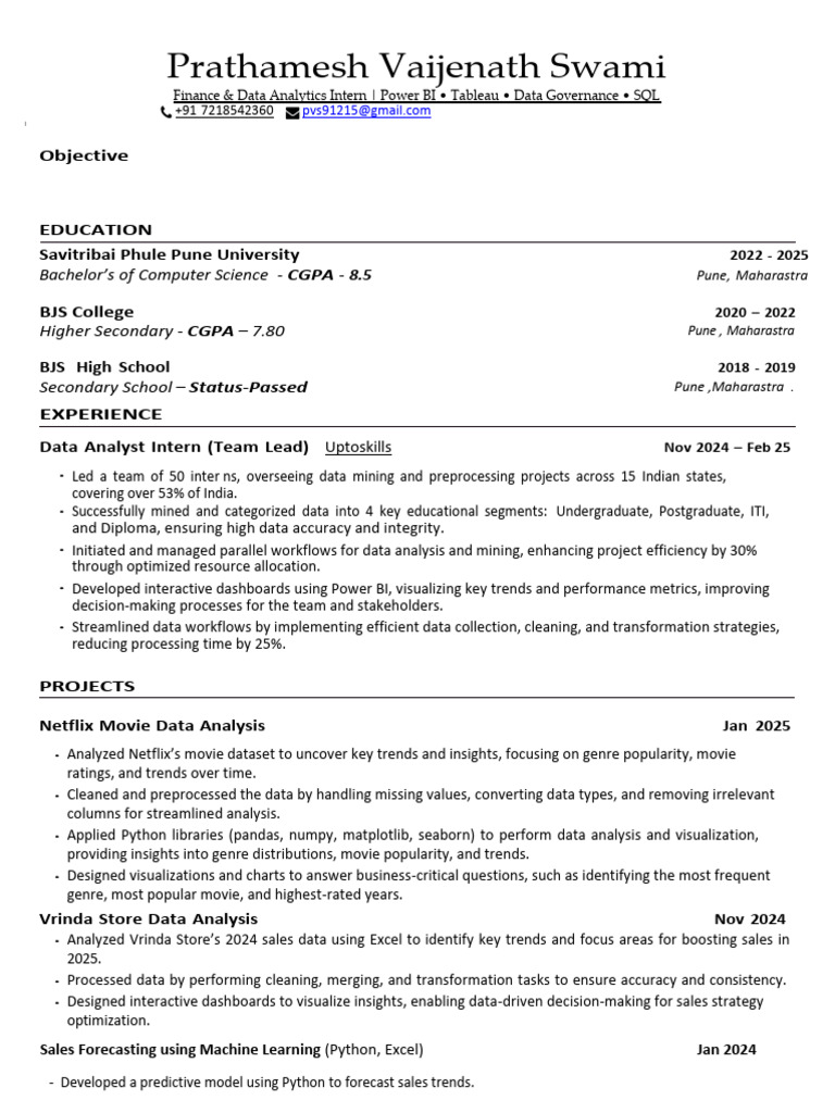 Prathamesh Swami_ Resume D | PDF | Analytics | Data Analysis