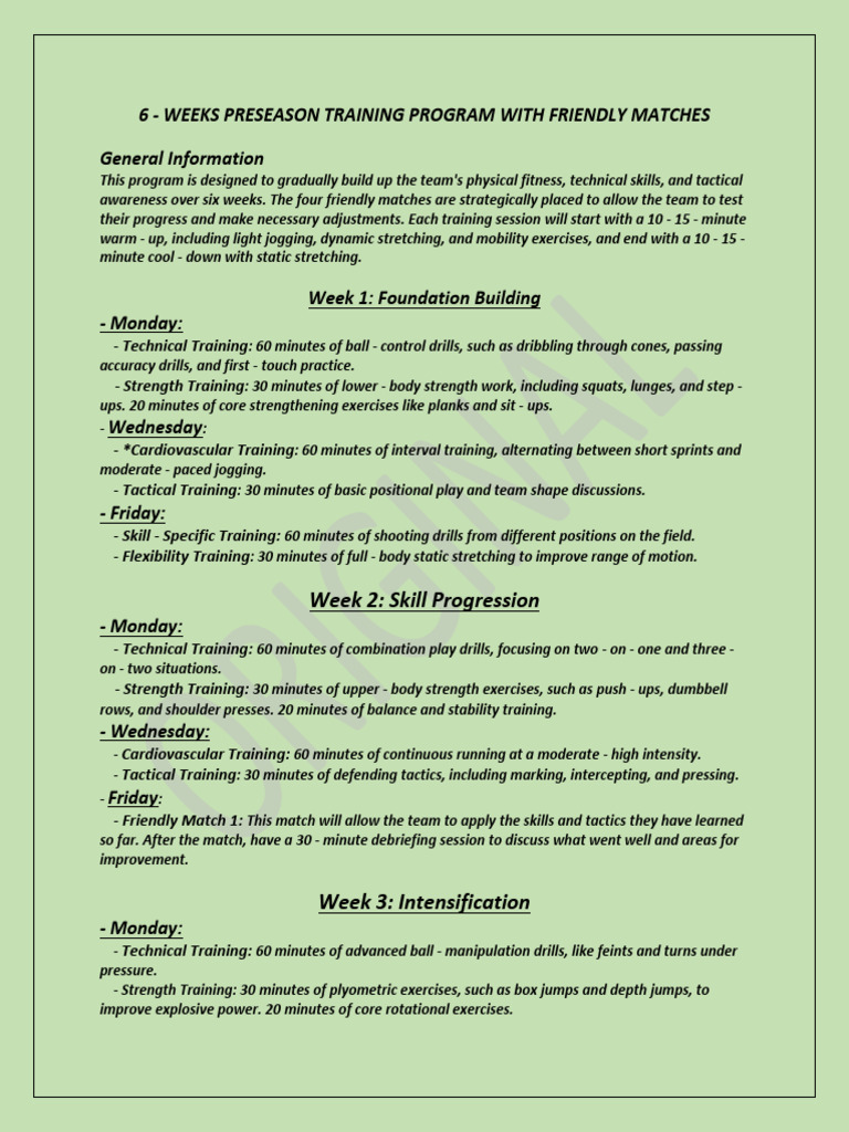 6-Week Soccer Preseason Training Plan | PDF | Strength Training | High ...