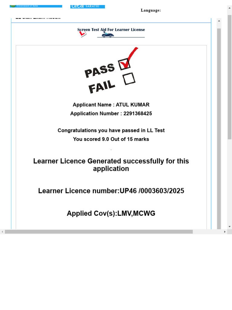 Learner Licence Generated Successfully For This Application Learner Licence number:UP46 /0003603 ...