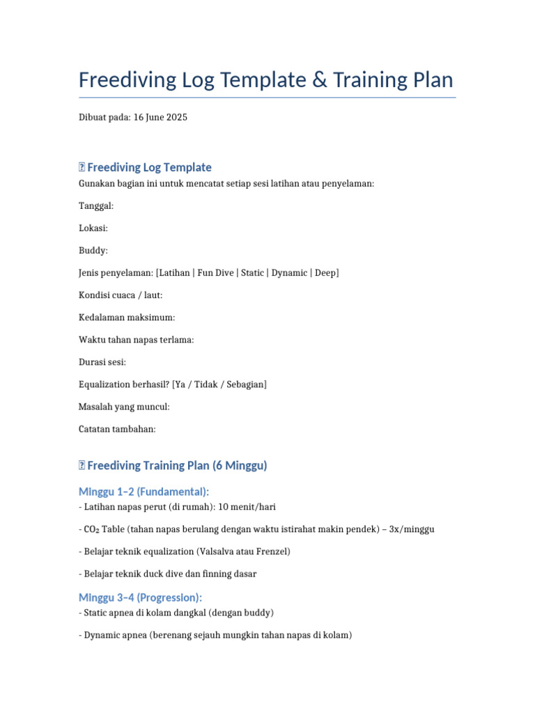 Freediving Log Training Template | PDF