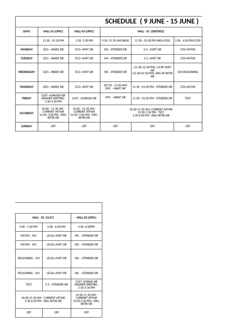 Class Schedule 9 June - 15 June | PDF
