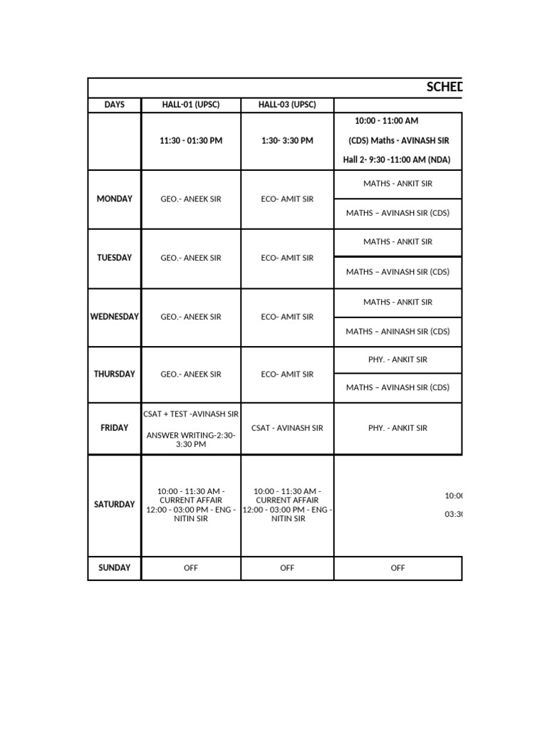 Class Schedule 16 June - 22 June | PDF