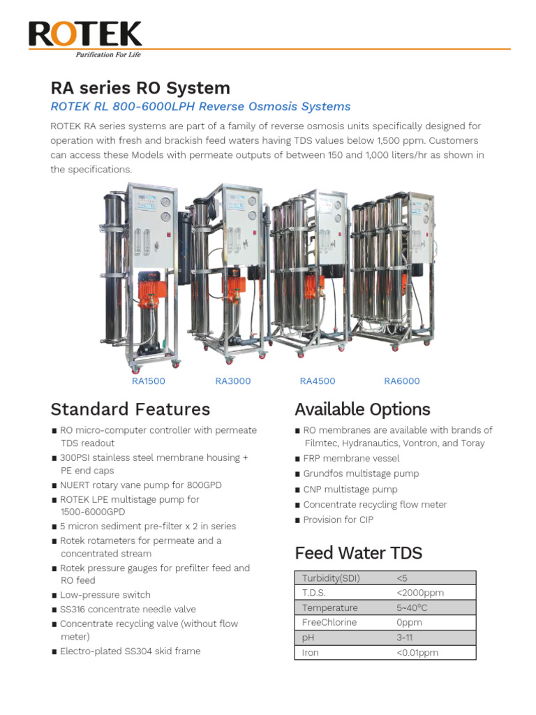 ROTEK RA Series RO System Features | PDF | Membrane | Water Treatment