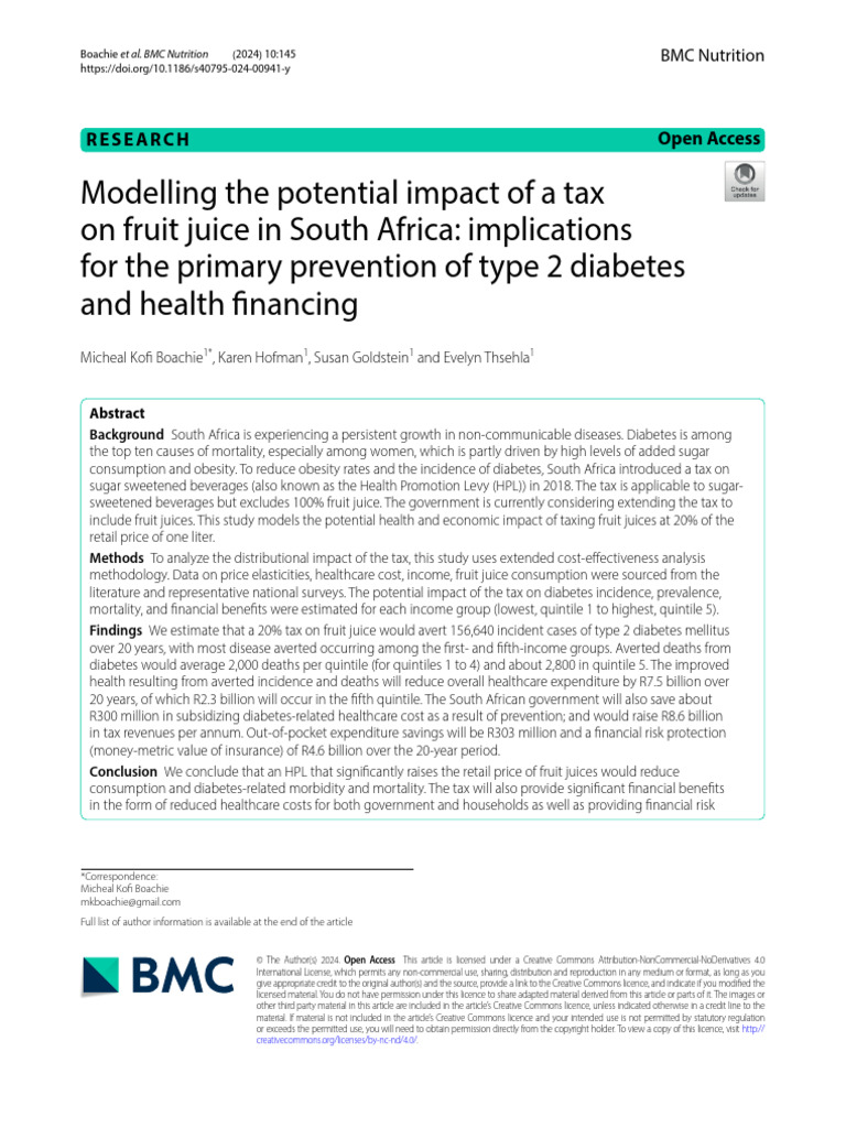 Modelling The Potential Impact of A Tax On Fruit Juice in South Africa ...