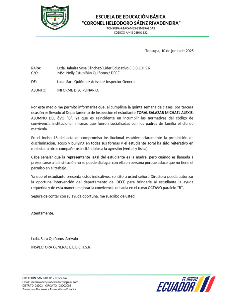Informe Disciplinario Estudiante 8vo "B" | PDF