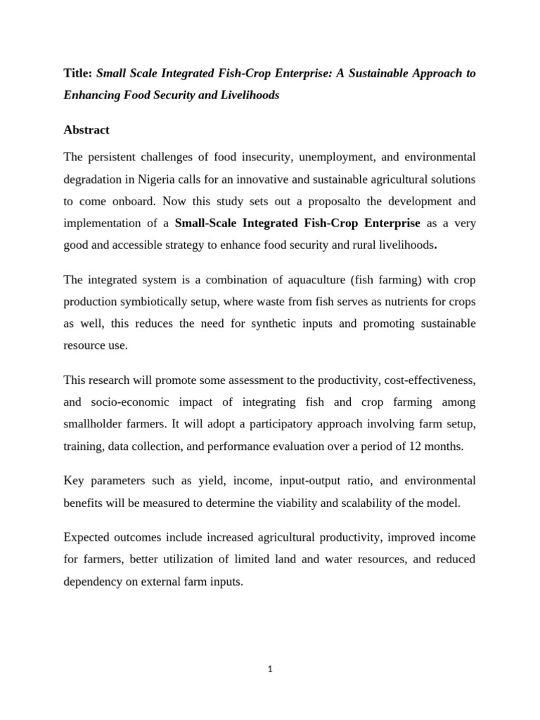 Integrated Fish-Crop Farming Proposal | PDF | Agriculture | Food Security