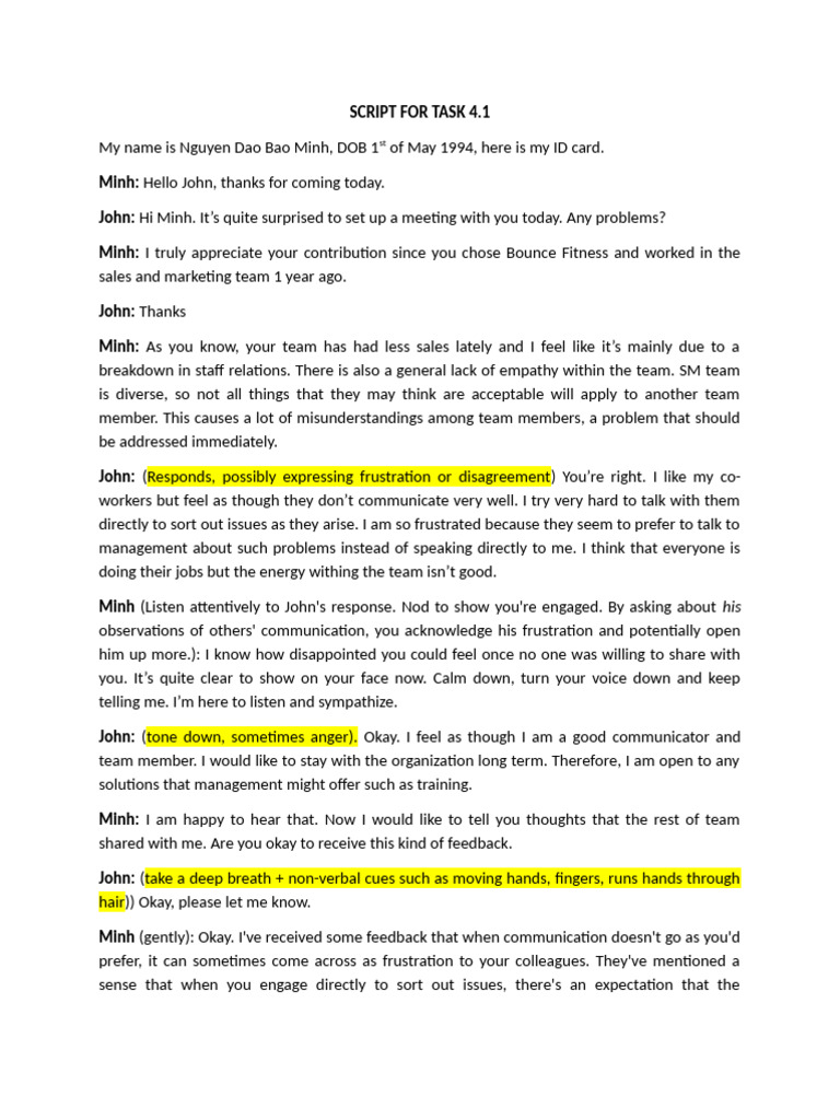 BSBPEF502 Task 4.1 - Script | PDF | Nonverbal Communication | Communication