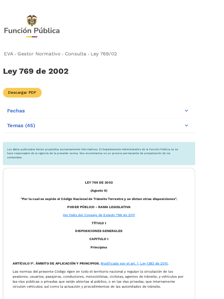 Ley 769 de 2002 - Codigo Nacional de Transito | PDF | Licencia de ...