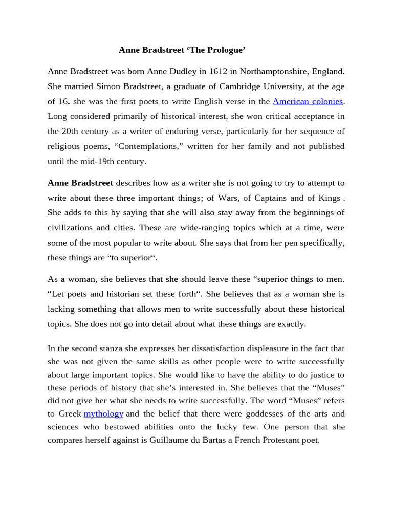 Analysis of Anne Bradstreet's Prologue | PDF