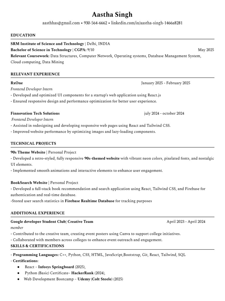 Aastha Singh: Frontend Developer Intern | PDF
