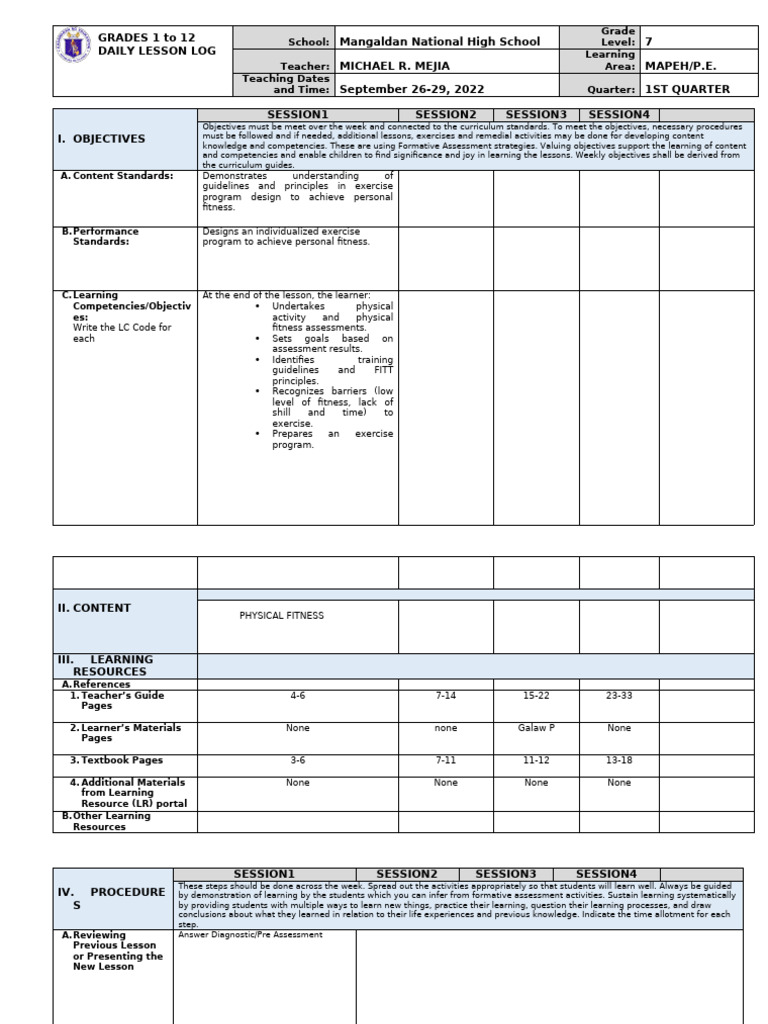 G7 DLL Mapeh Pe Q1-1 | PDF | Educational Assessment | Learning
