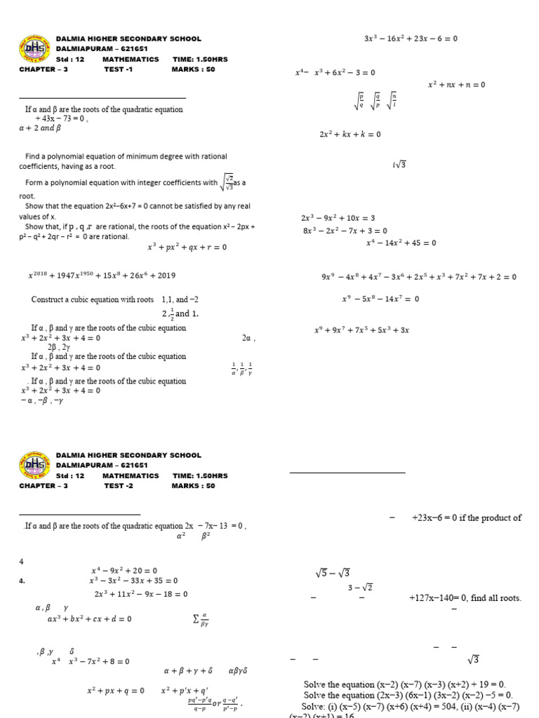 Class 12 Maths Chapter 3 Test Papers | PDF | Polynomial | Equations