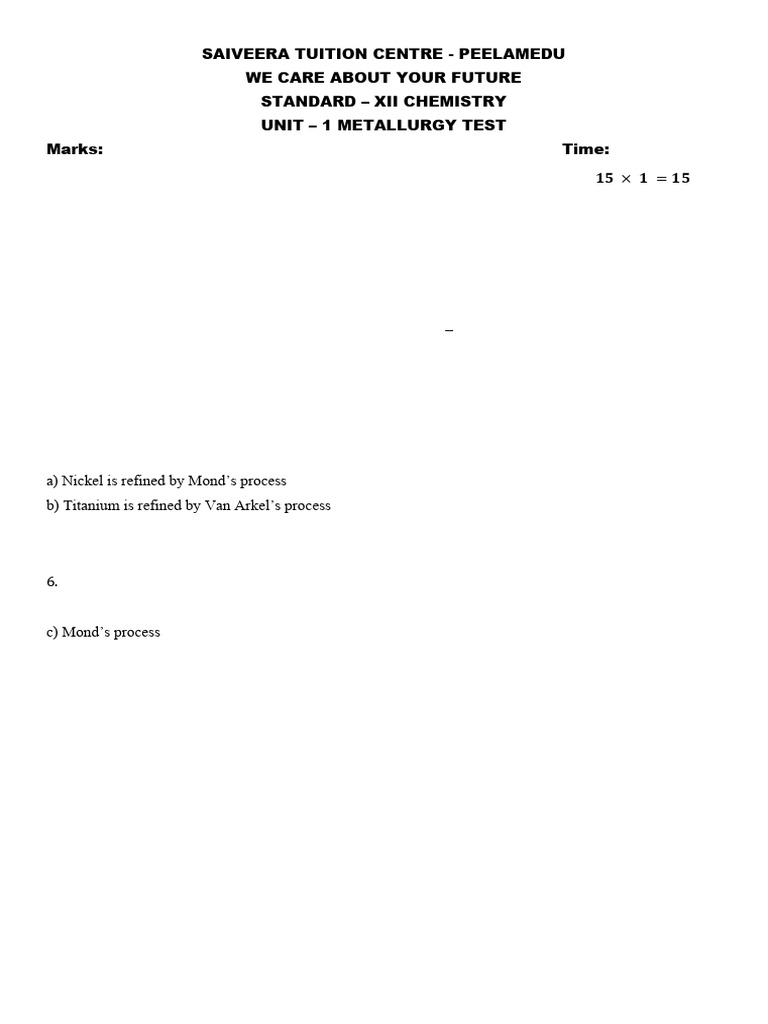 Unit - 1 Metallurgy Test - 104606 | PDF | Ore | Zinc