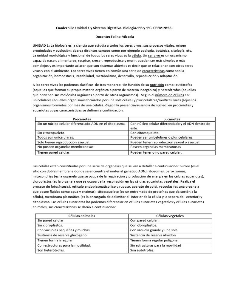 Cuadernillo U1-2 - Celula y Digestivo | PDF | Digestión | Sistema digestivo humano