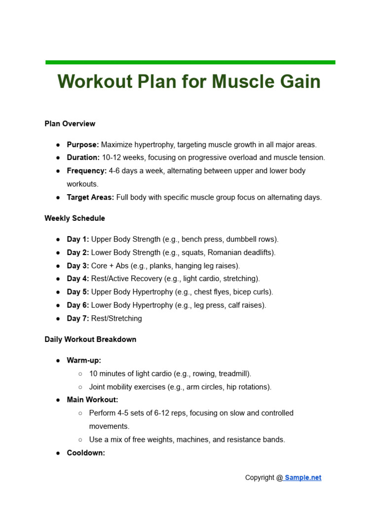 Workout Plan For Muscle Gain | PDF