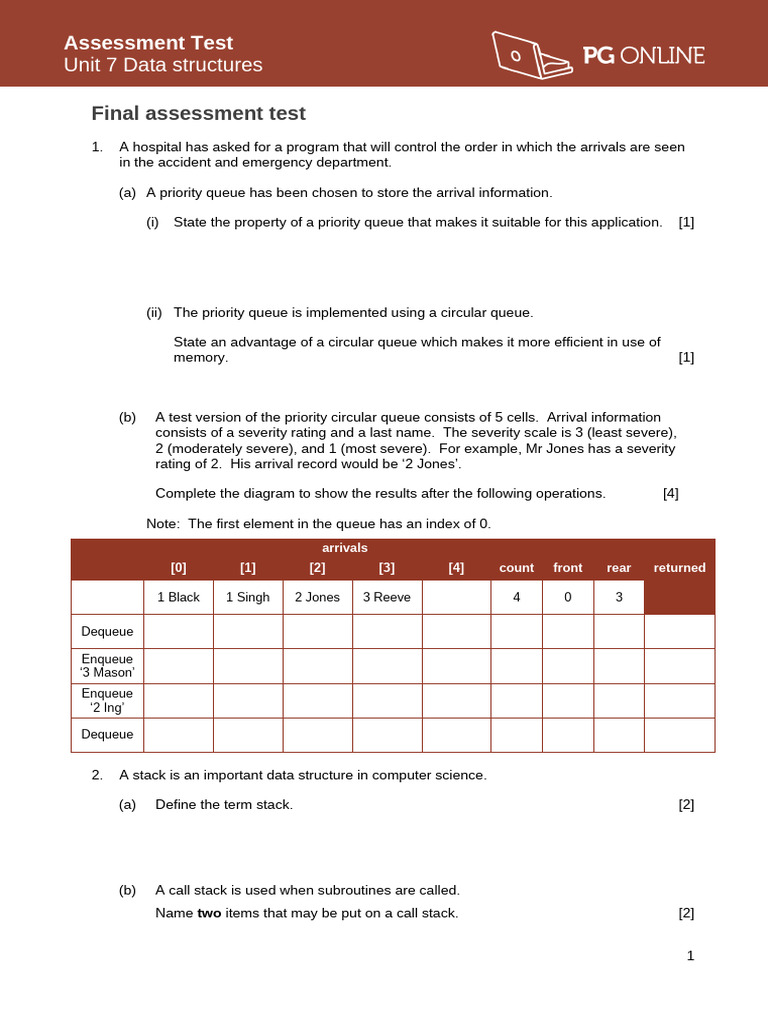 Section 7 Data Structures Assessment | PDF | Queue (Abstract Data Type) | Pointer (Computer ...