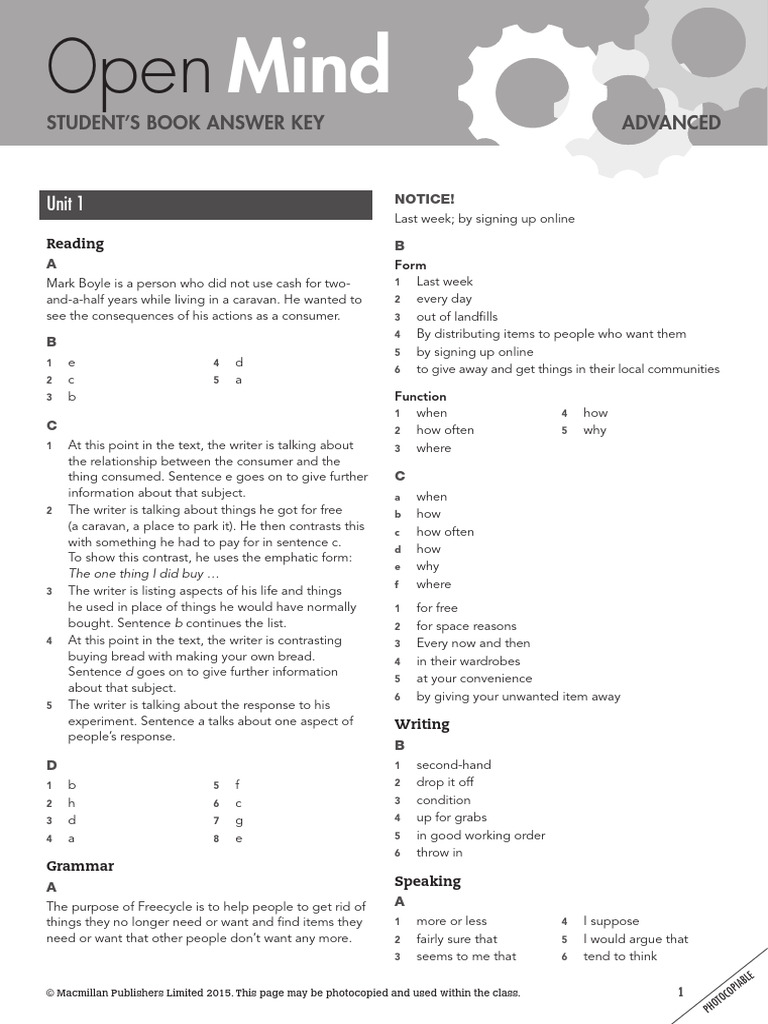 Open Mind Advanced Unit 1 Student's Book Answer Key | PDF | Human Communication
