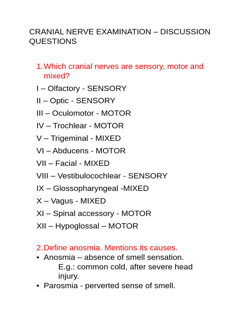 Cranial Nerve Examination - Answers | PDF | Neurology | Nervous System