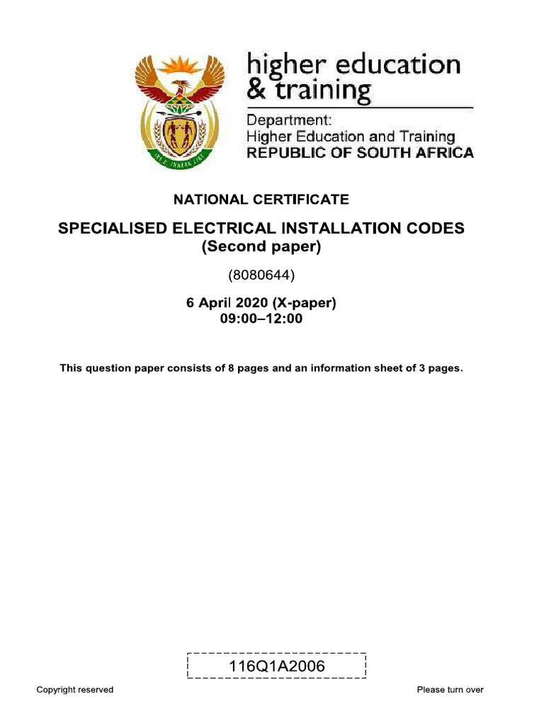 Specialised Electrical Installation Codes p2 April QP 2020 | PDF
