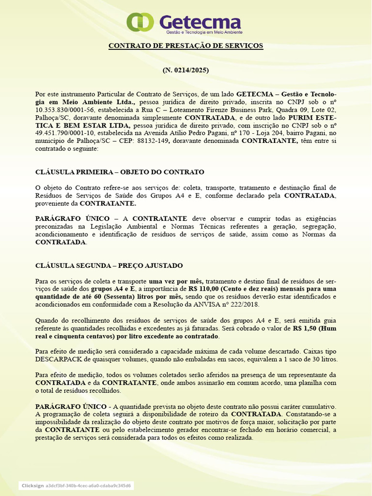 Contrato Clinica Aurora - Clicksign | PDF | Desperdício