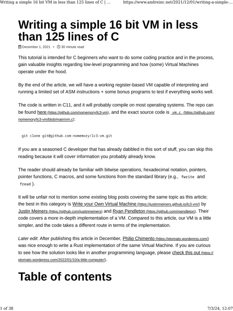 Writing A Simple 16 Bit VM in Less Than 125 Lines of C - Andreinc | PDF | Central Processing ...