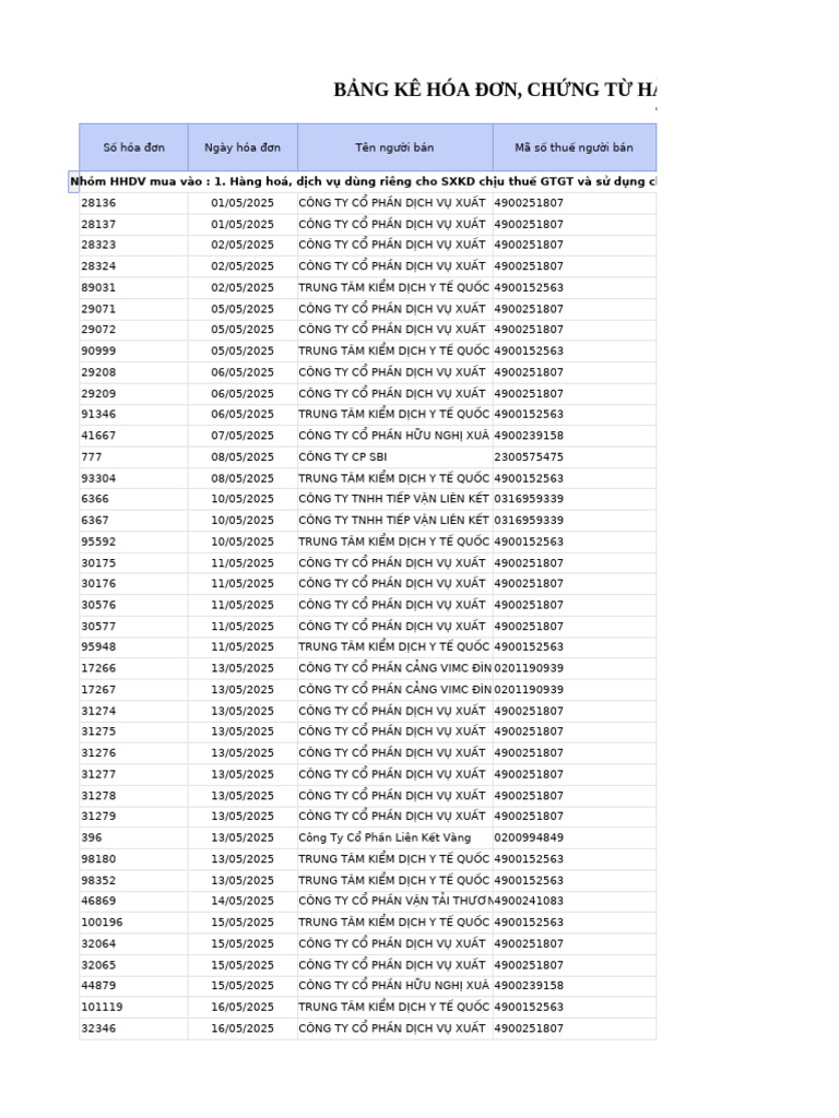 Bang Ke Hoa Don Chung Tu Hang Hoa Dich Vu Mua Vao (Mau Quan Tri) | PDF
