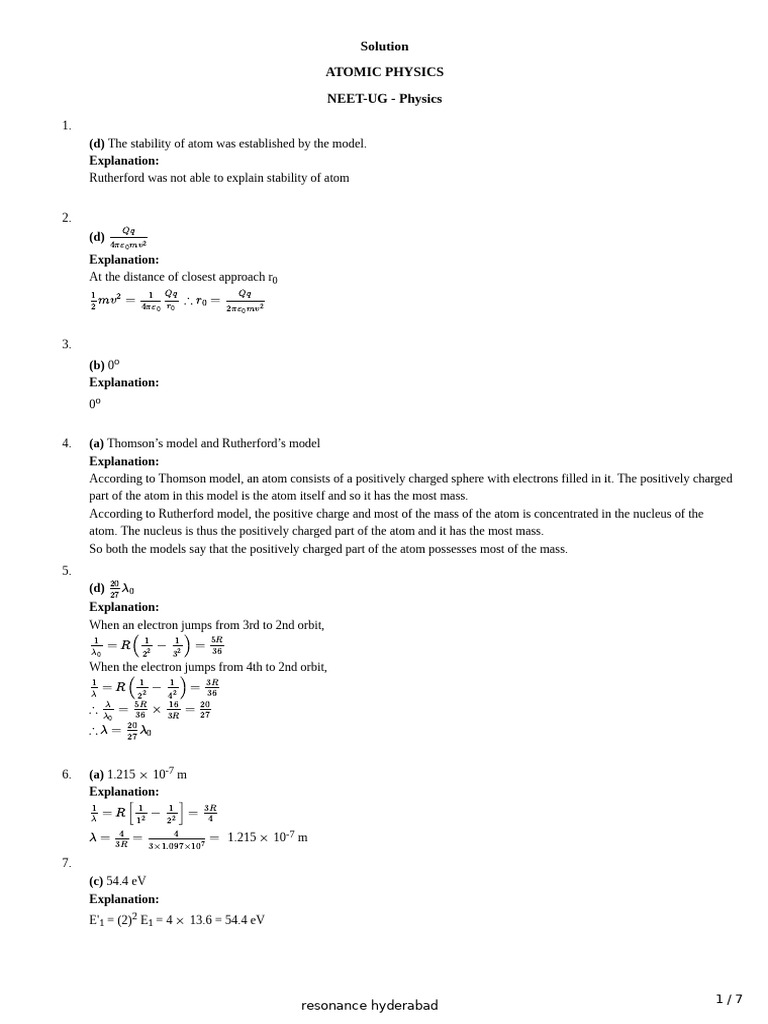 Solution Atomicphysics OBT | PDF | Atoms | Electron