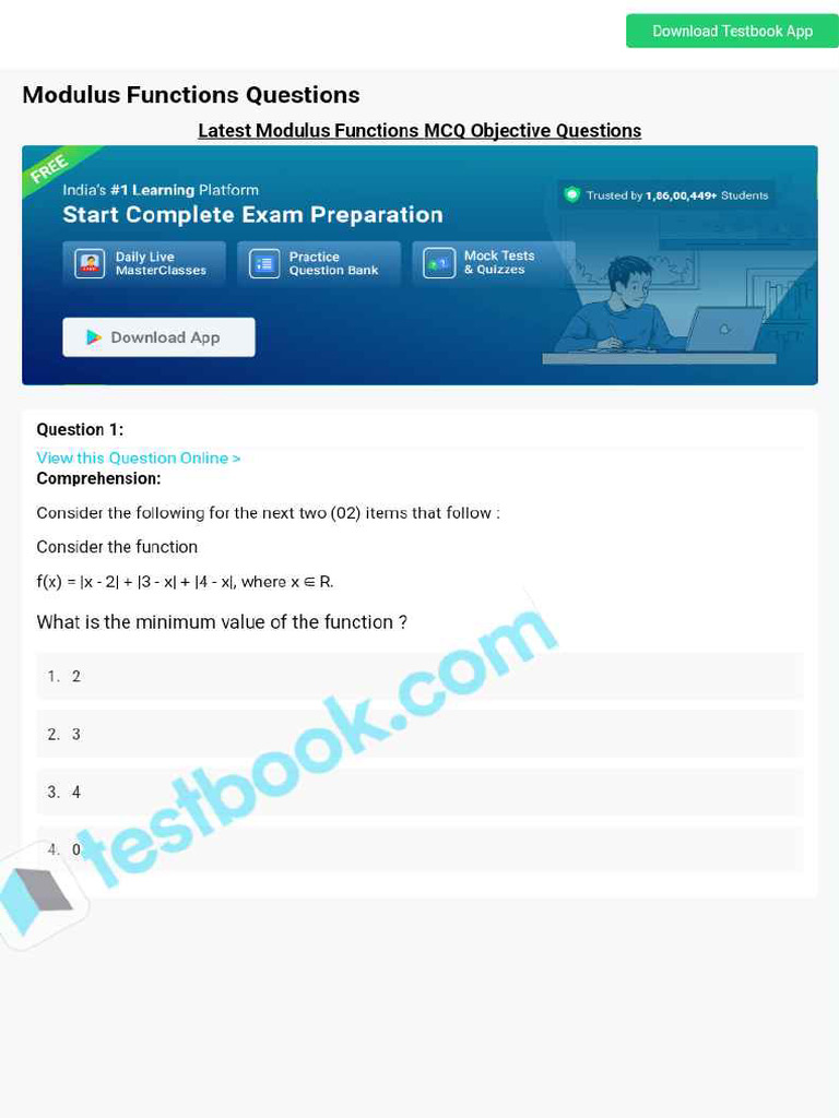 MCQ On Modulus Functions 5eea6a1439140f30f369f1f8 | PDF