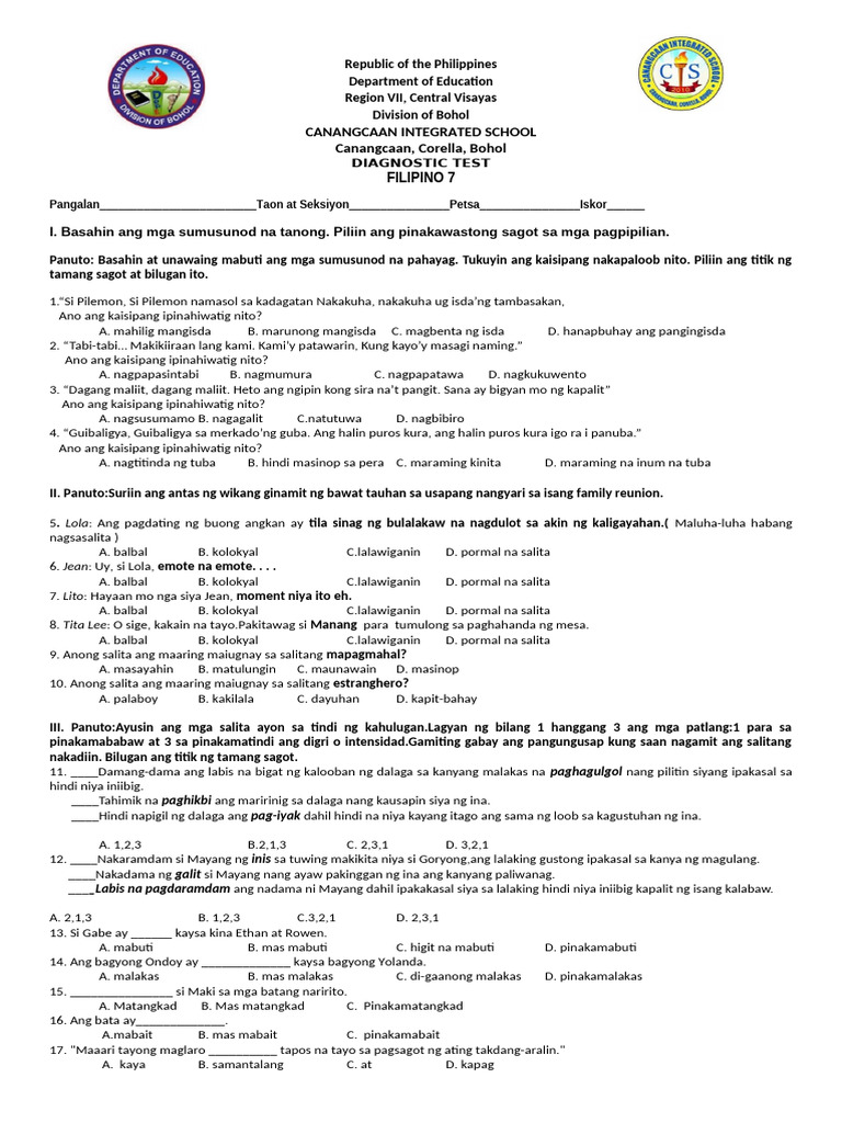 Diagnostic Test Sa Filipino 7 | PDF