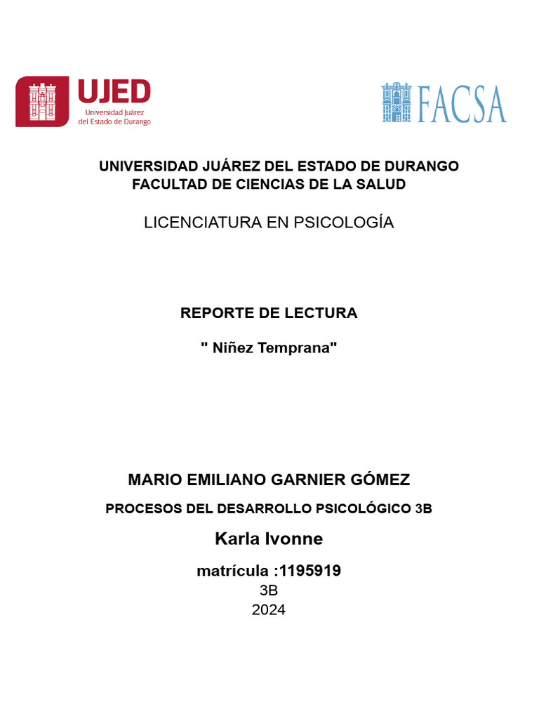 Reporte de Lectura - Niñez Temprana | PDF | Las emociones | Sicología