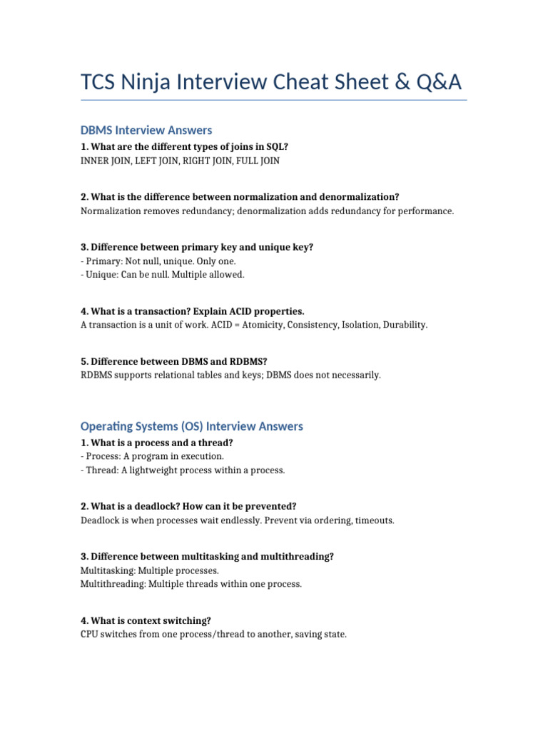 TCS Ninja Interview CheatSheet | PDF