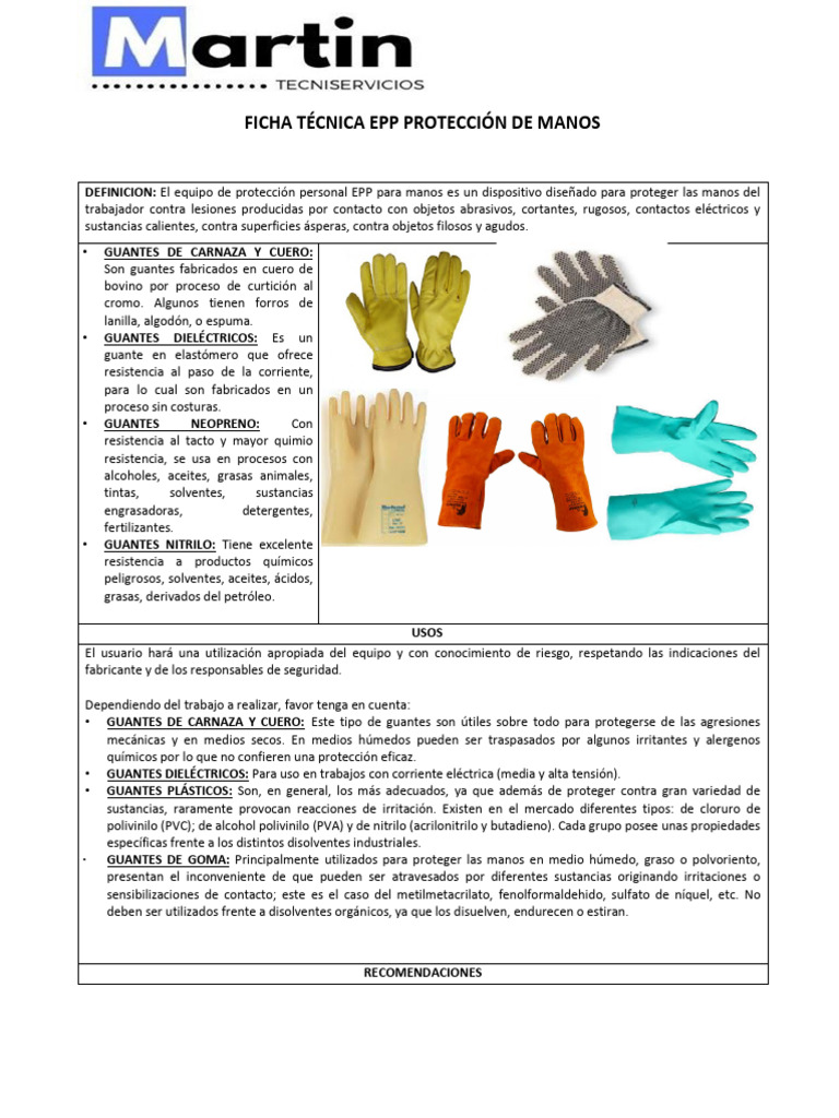 Ficha Tecnica Epp Protección de Manos | PDF | Guante | Cuero